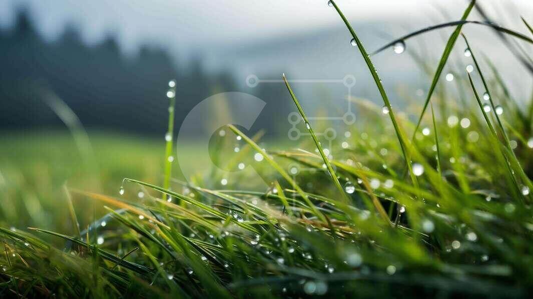 Twilight Grass Field with Dewdrops and Trees stock photo | Creative Fabrica