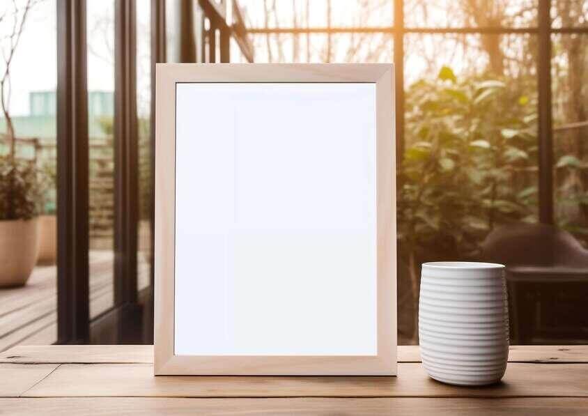 Download Empty White Frame and Coffee Cups on Wooden Table Mockups ...