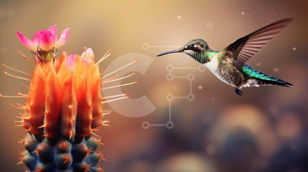 Beautiful Hummingbird near a Pink Cactus Plant stock photo | Creative ...