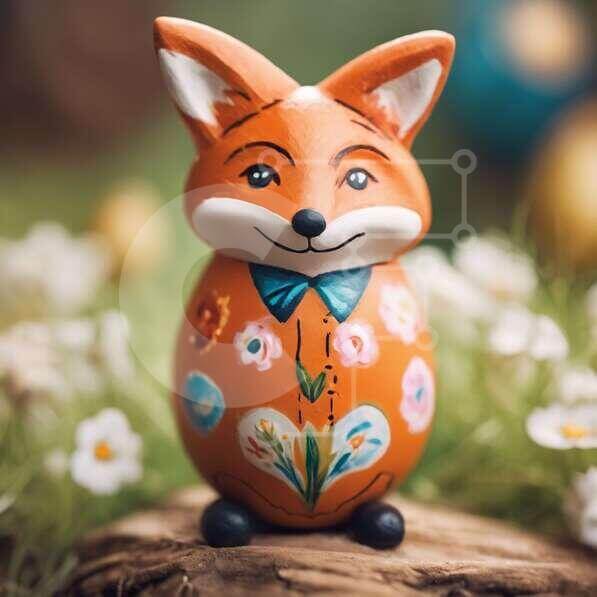 Easter Fox Figurine on Wooden Board stock photo | Creative Fabrica