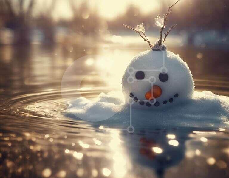 Snowman Sitting in Water - Winter Scene stock photo | Creative Fabrica