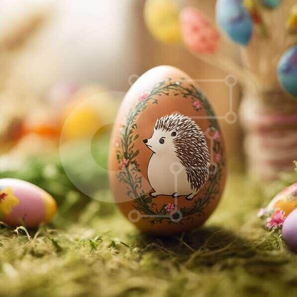 Easter Egg with Painted Hedgehog Symbolizing Good Luck stock photo | Creative Fabrica