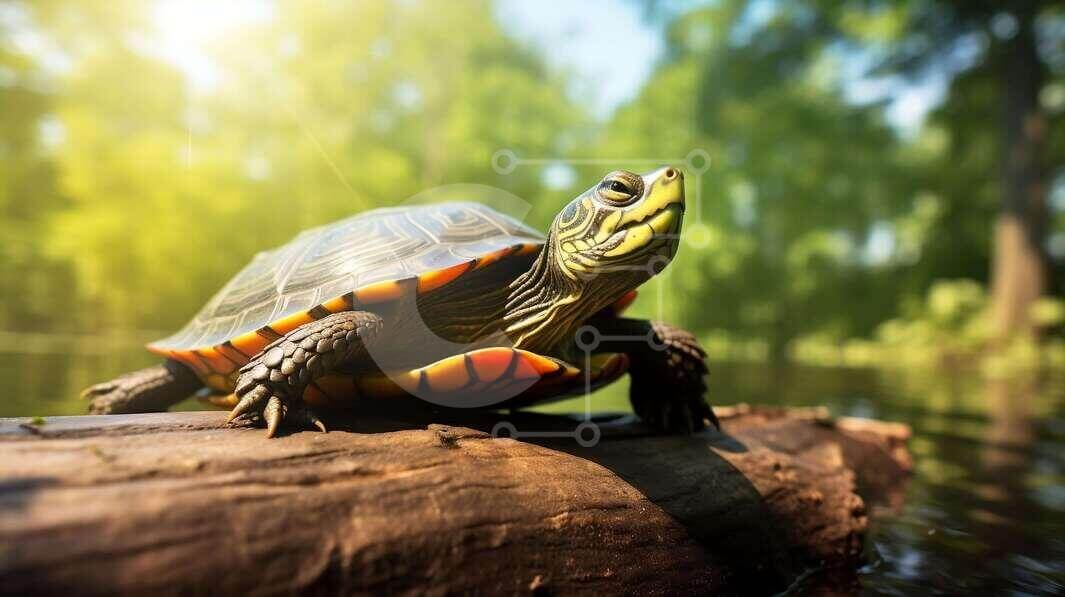 Turtle Basking on Overturned Log stock photo | Creative Fabrica
