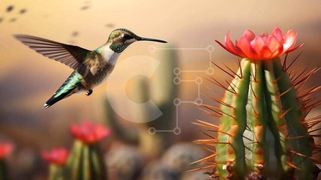 Beautiful Hummingbird and Cactus in the Desert stock photo | Creative ...