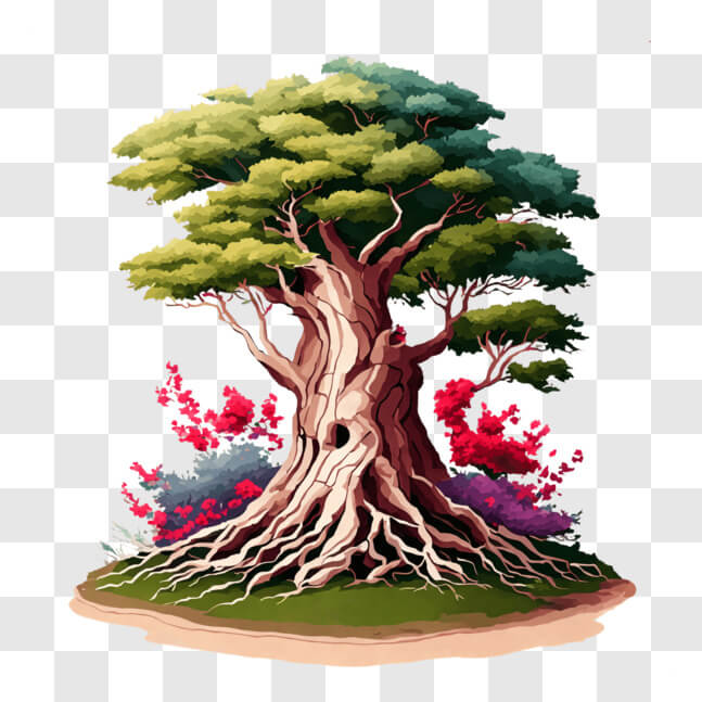 Download Cartoon Tree with Roots and Flowers in Nature PNGs Online ...