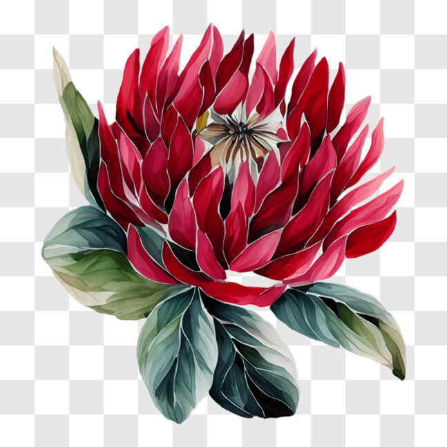 Download Red Protea Flower Painting with Green Leaves PNGs Online ...