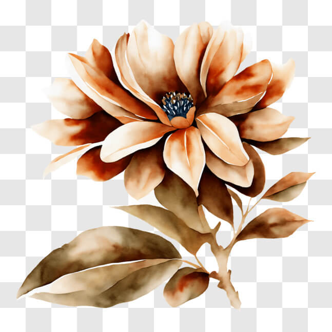 Download Painted Flower with Brown Petals and Green Leaves on Black ...