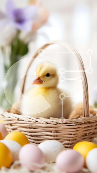 Adorable Duckling with Easter Eggs and Decorations stock photo ...