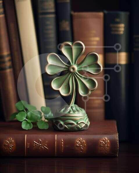 Eclectic Collection of Books with Clover-Shaped Figurine stock photo ...