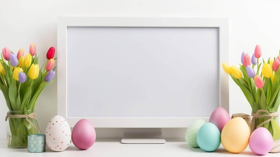 Download Colorful Easter eggs, tulips, and monitor screen with blank ...
