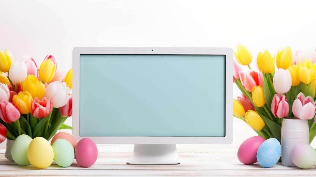 Download Colorful Easter Eggs and Tulips Surrounding a Computer Screen ...