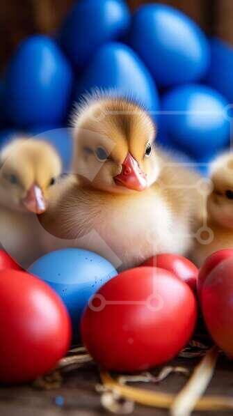 Adorable Easter Ducklings and Colorful Eggs stock photo | Creative Fabrica