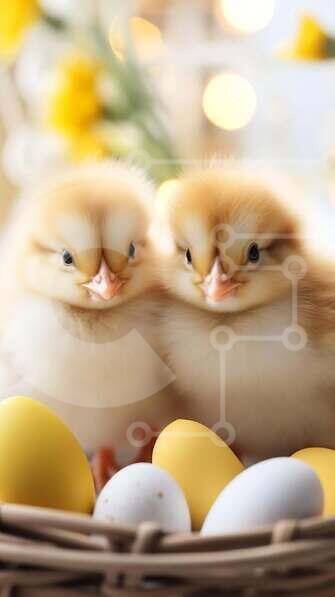 Adorable Easter Chicks Playing in a Basket of Eggs stock photo ...