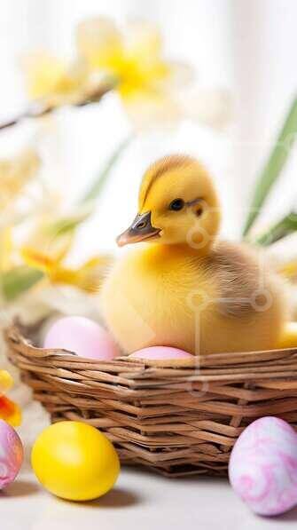 Adorable Easter Duck with Colorful Eggs and Flowers stock photo ...