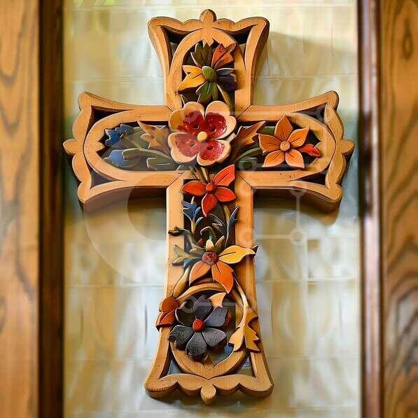 Colorful Flower-Decorated Wooden Cross stock photo | Creative Fabrica