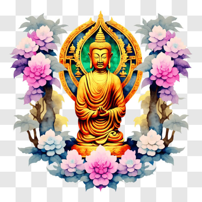 Download Gold Buddha Statue Surrounded by Pink Flowers and Green Leaves ...