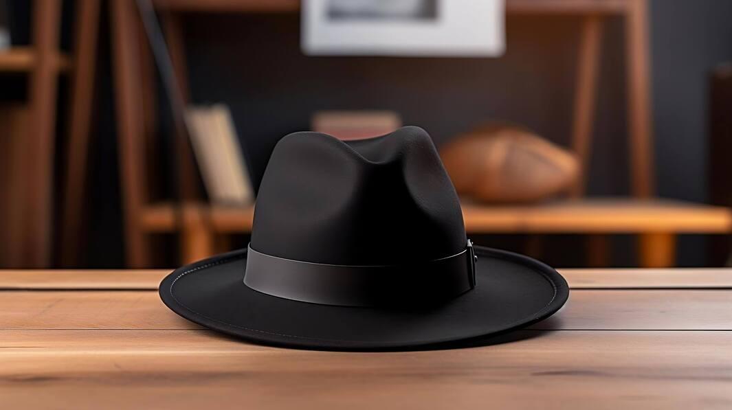 Download Black Fedora Hat on Oak Table with Bookshelves Mockups Online ...