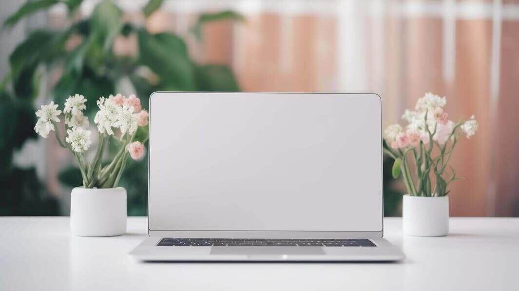 Descarga Ordenador portátil blanco y plantas en macetas en la mesa ...