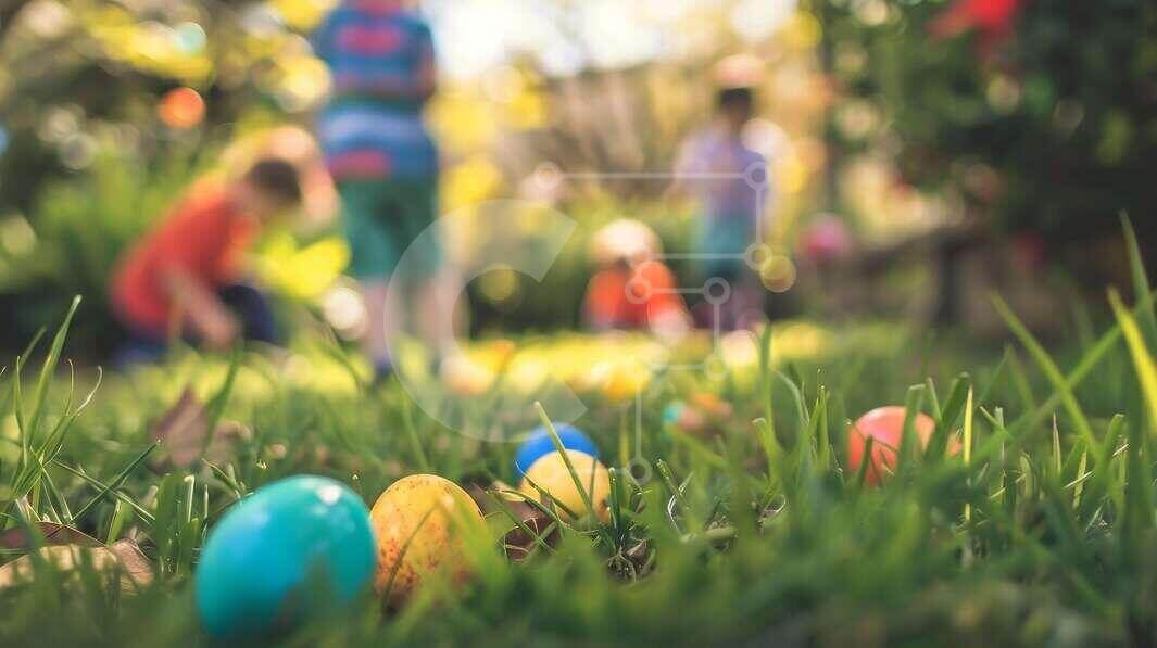 Joyful Easter Celebration with Children Playing Outdoors stock photo ...