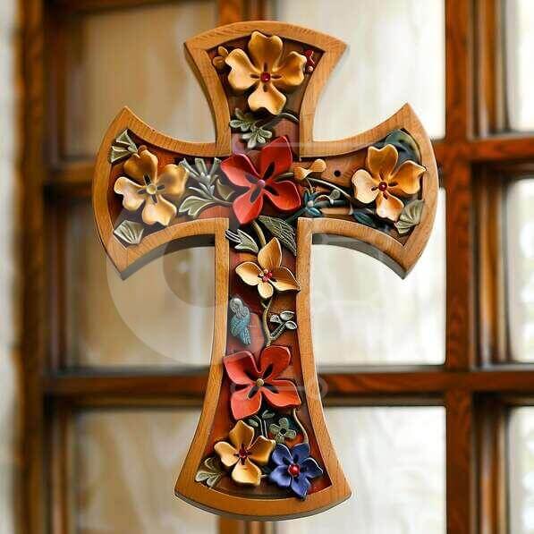 Decorated Wooden Cross with Colorful Flowers stock photo | Creative Fabrica