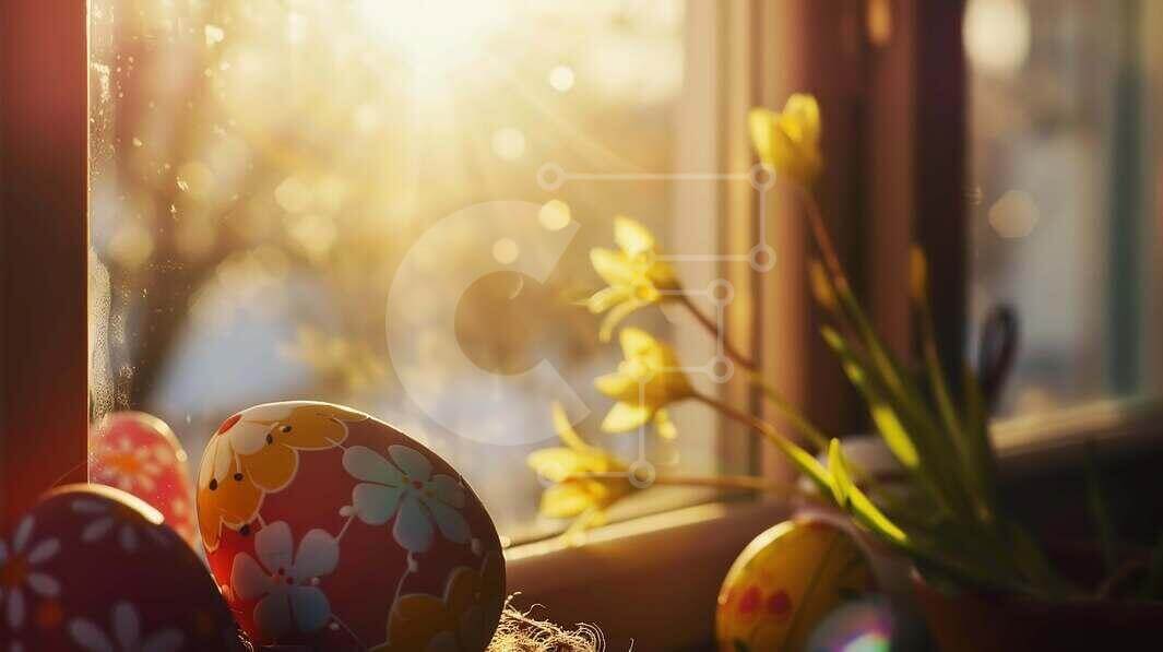 Vibrant Easter Eggs in Sunlit Window stock photo | Creative Fabrica