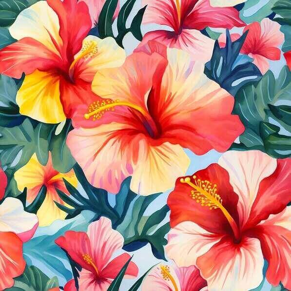 Download Colorful Hibiscus Flower Seamless Pattern on Blue Background ...