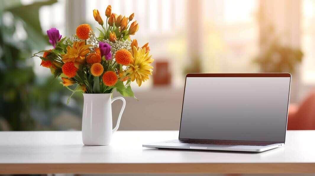 Download Laptop Computer with Flower Arrangement on Table Mockups ...