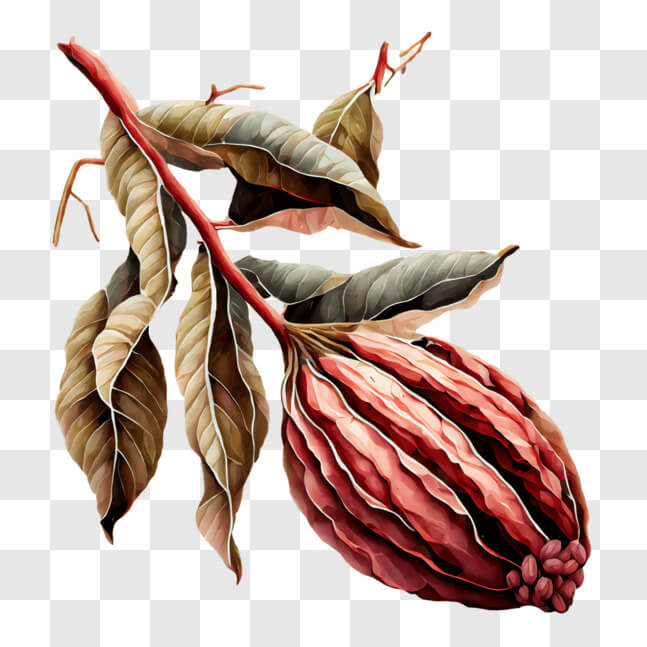 Download Illustration of a Red Cocoa Pod with Green and Brown Leaves ...