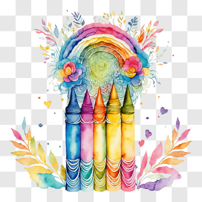 Download Colorful Crayon Rainbow with Flowers and Leaves PNGs Online ...