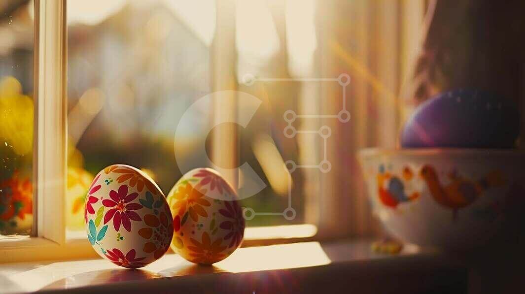 Colorful Easter Eggs on Window Sill stock photo | Creative Fabrica