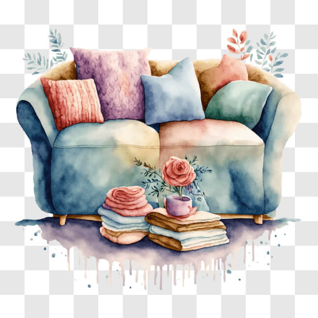 Download Watercolor Painting of Cozy Couch with Books and Flowers PNGs ...