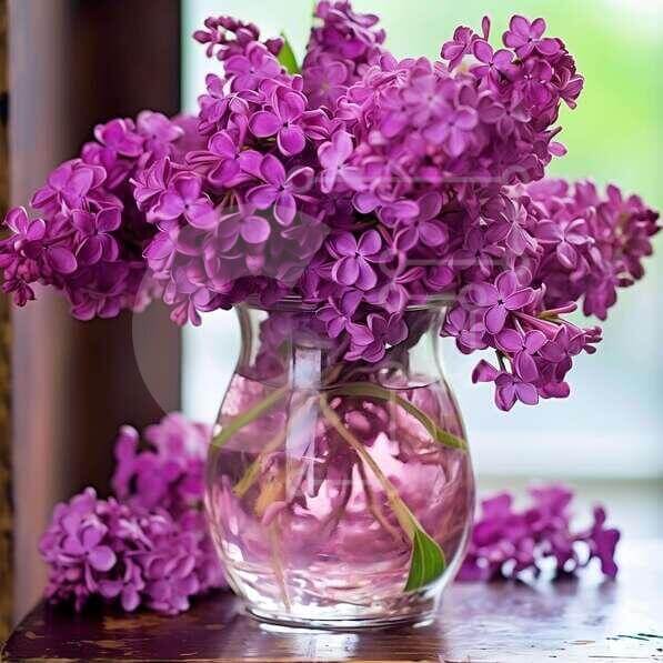 Fresh Purple Lilac Flowers in Clear Vase stock photo | Creative Fabrica