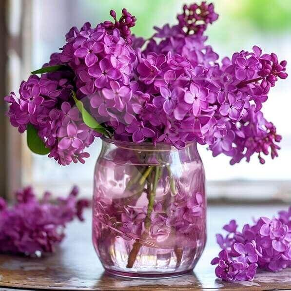 Purple Lilac Flowers in Glass Vase stock photo | Creative Fabrica
