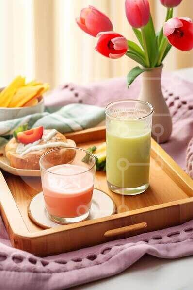 Delicious Breakfast Tray with Fresh Juice and Coffee stock photo ...