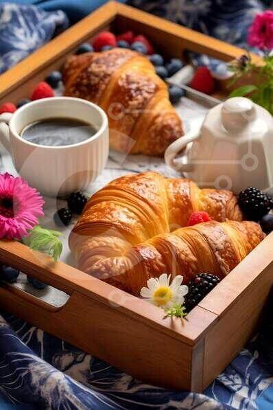 Delicious Breakfast Tray with Croissants and Coffee stock photo ...