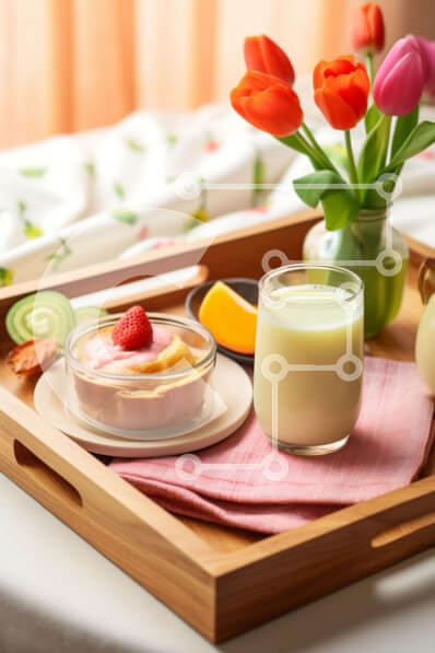 Delicious Breakfast Tray with Fresh Milk and Pastries stock photo ...