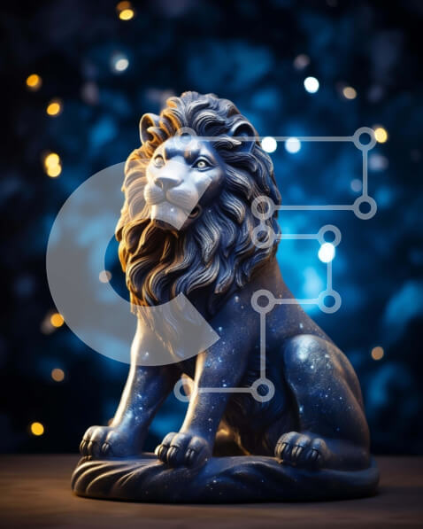 Statue de lion bleu en exposition photo stock | Creative Fabrica