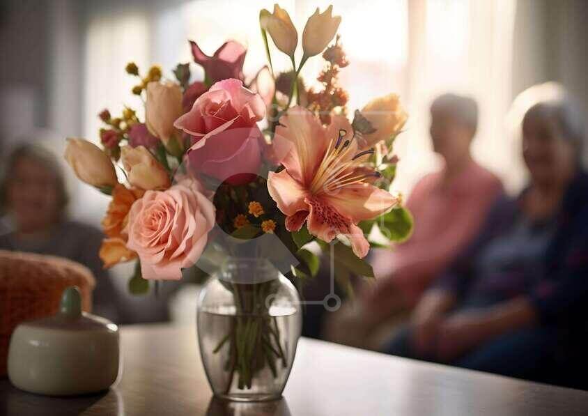 Colorful Flowers in Glass Vase with Elderly Women stock photo ...