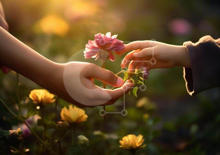 Playful Moment in Nature: Child's Hand and Flower stock photo ...