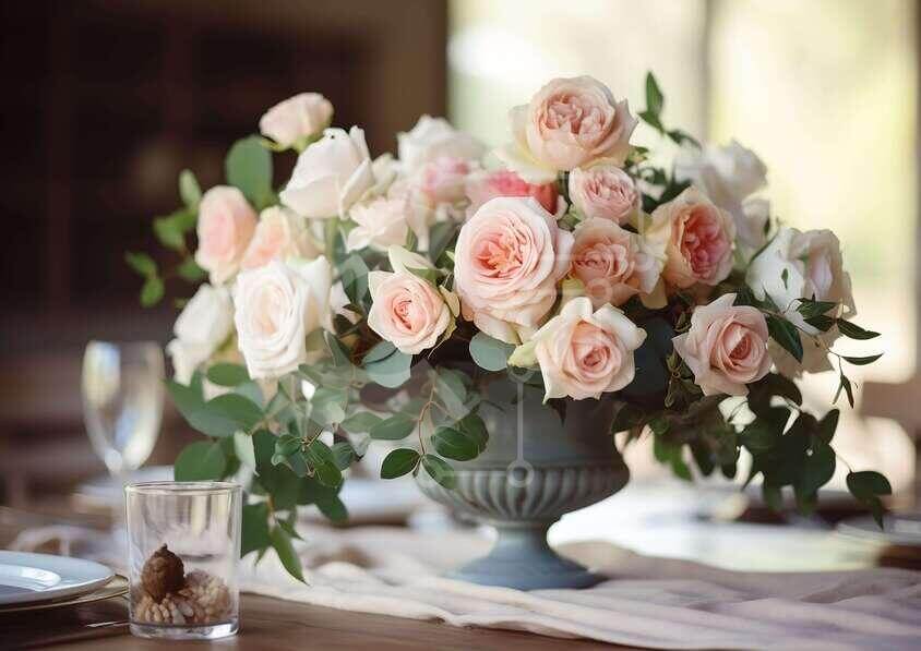 Elegant Table Setting with Pink and White Roses stock photo | Creative ...