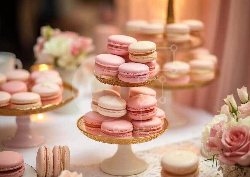Elegant Pink Macaroons on Gold Stands stock photo | Creative Fabrica
