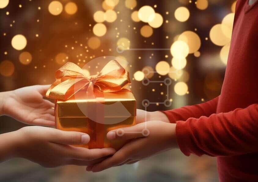 Excited Gift Exchange with Gold Present stock photo | Creative Fabrica