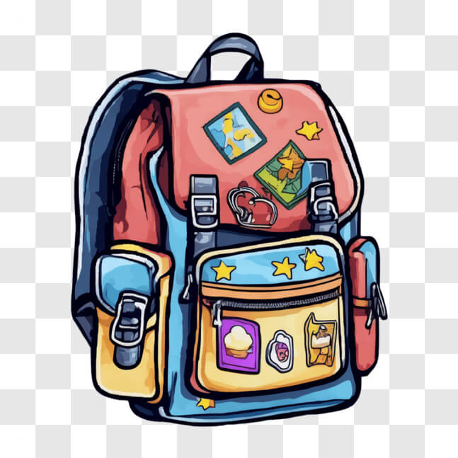 Download Colorful Backpack with Stickers Cartoons Online - Creative Fabrica