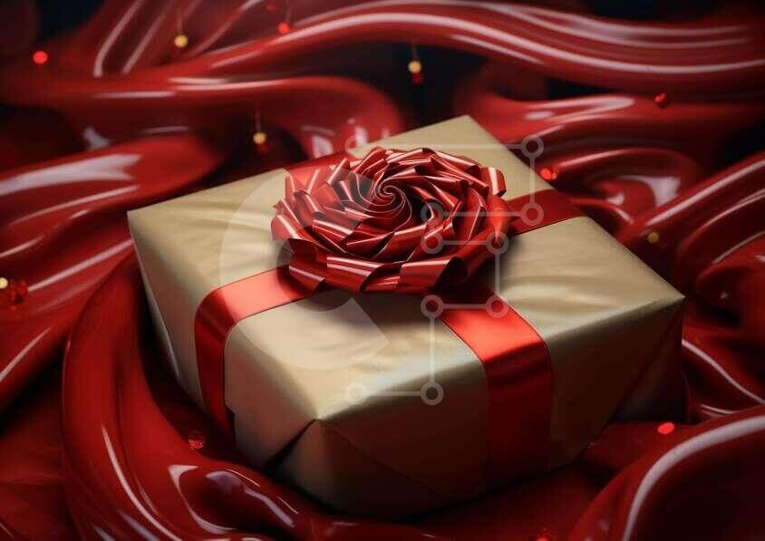 Festive Celebration with Red Gift Box and Ribbon on Red Liquid stock ...