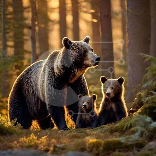 Mother Brown Bear and Cubs Enjoying Sunset in the Forest stock photo ...