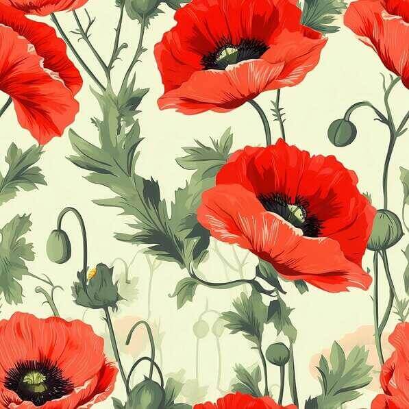 Download Seamless Red Poppy Pattern with Green Leaves and Beige ...