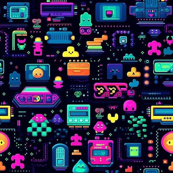 Download Colorful Retro-Inspired Seamless Pattern with 80's Video Game ...