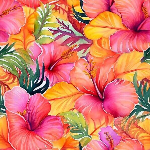 Download Orange and Pink Hibiscus Flower with Green Leaves on Yellow ...