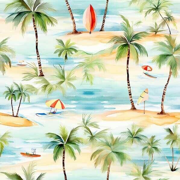 Download Tropical Beach Scene with Palm Trees, Surfboards, and ...