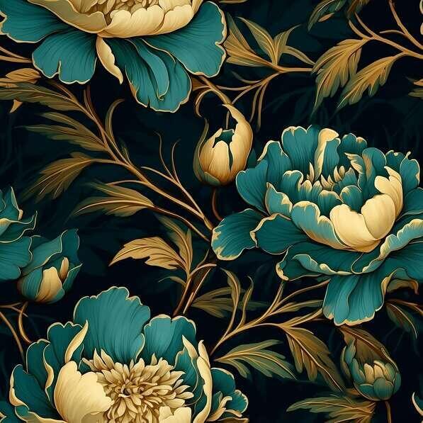 Download Seamless Blue and Gold Peony Flower Pattern on Black ...